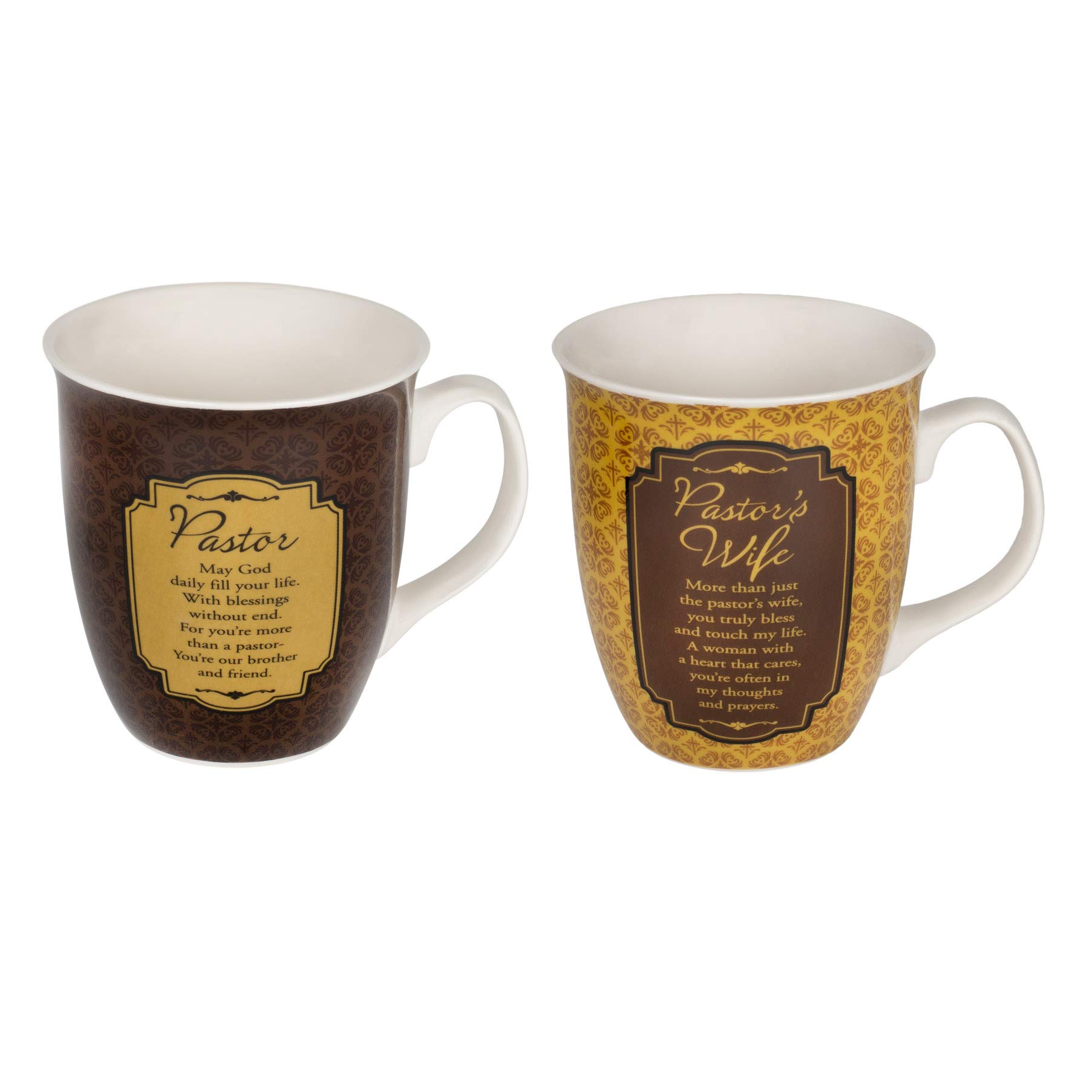 Dicksons Pastor & Pastor's Wife Filigree Medallion 16 Ounce Stoneware Coffee Mugs Boxed Set of 2