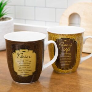 Dicksons Pastor & Pastor's Wife Filigree Medallion 16 Ounce Stoneware Coffee Mugs Boxed Set of 2