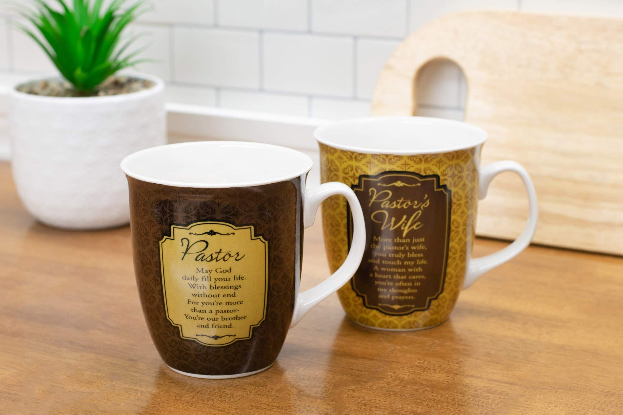 Dicksons Pastor & Pastor's Wife Filigree Medallion 16 Ounce Stoneware Coffee Mugs Boxed Set of 2