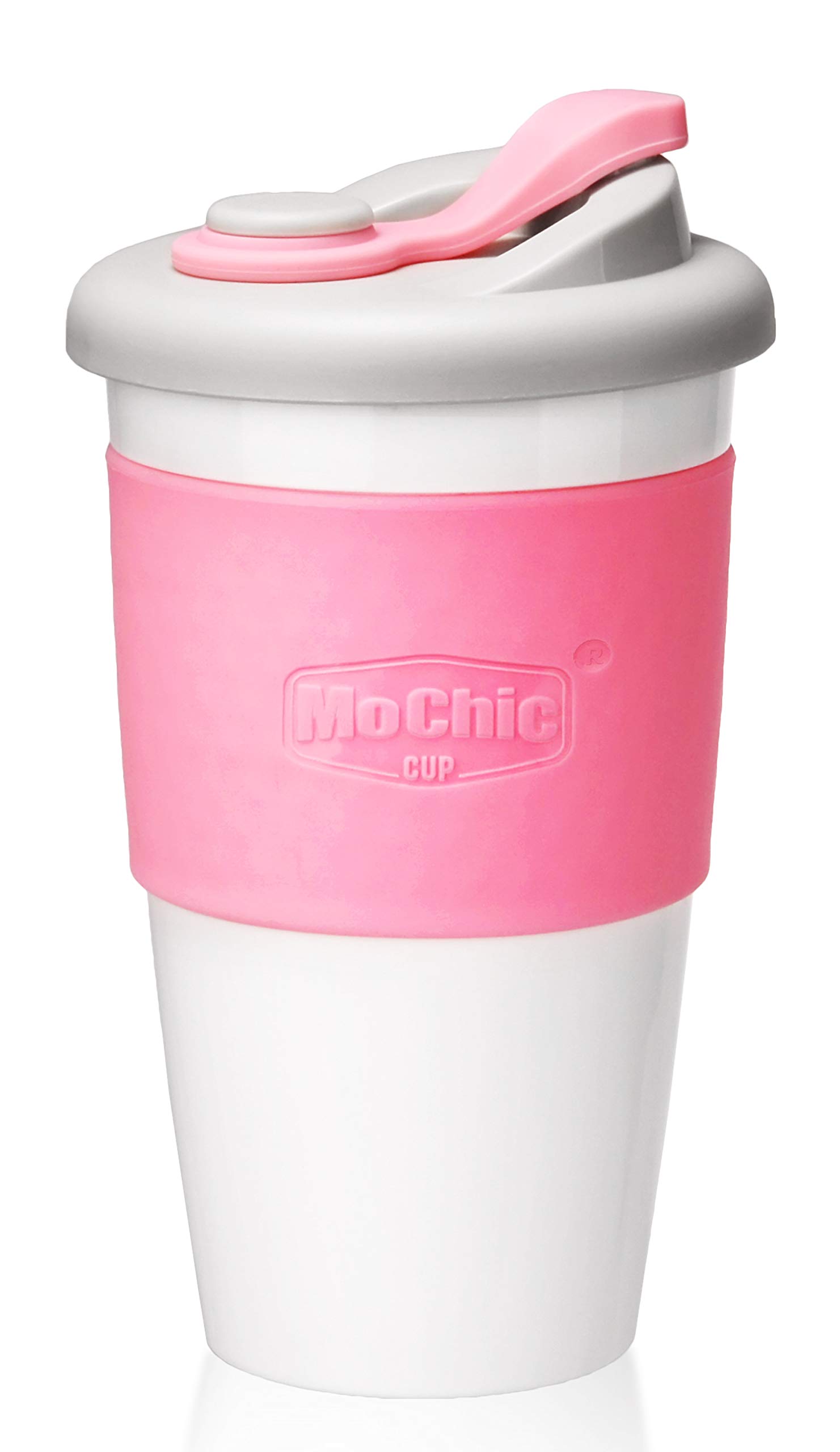 MOCHIC CUP Reusable Coffee Cup with Lid Portable Travel Mug with Non-Slip Sleeve BPA Free Dishwasher and Microwave Safe Friendly Coffee Mug (Pink,16oz)