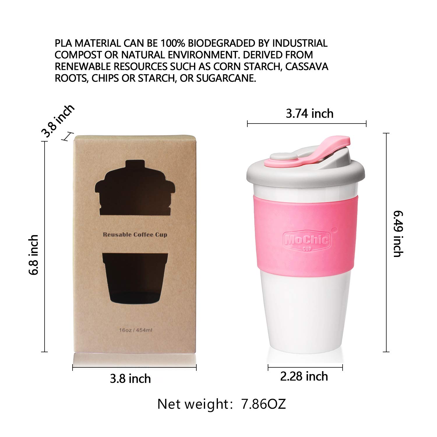 MOCHIC CUP Reusable Coffee Cup with Lid Portable Travel Mug with Non-Slip Sleeve BPA Free Dishwasher and Microwave Safe Friendly Coffee Mug (Pink,16oz)