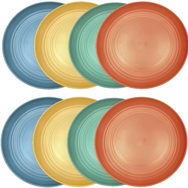 Vokop 8 Pack Wheat Straw Dinner Plates,Unbreakable Reusable Deep Plate Set-Dishwasher & Microwave Safe,Perfect for Dinner Dishes,Healthy for Kids Children & Adult-Round, 4pcs 10in & 4pcs 8in