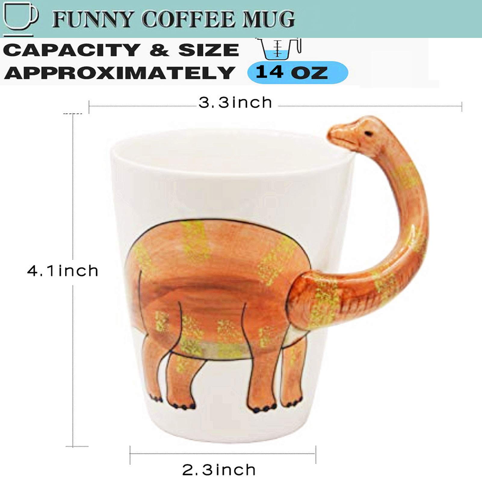 luckyse Dinosaur 3D Ceramic Mug, Long necked dragon Handle Novelty Animal Cup Gift for Christmas, Thanksgiving Day, Mother's Day, Father's Day (Dinosaur)