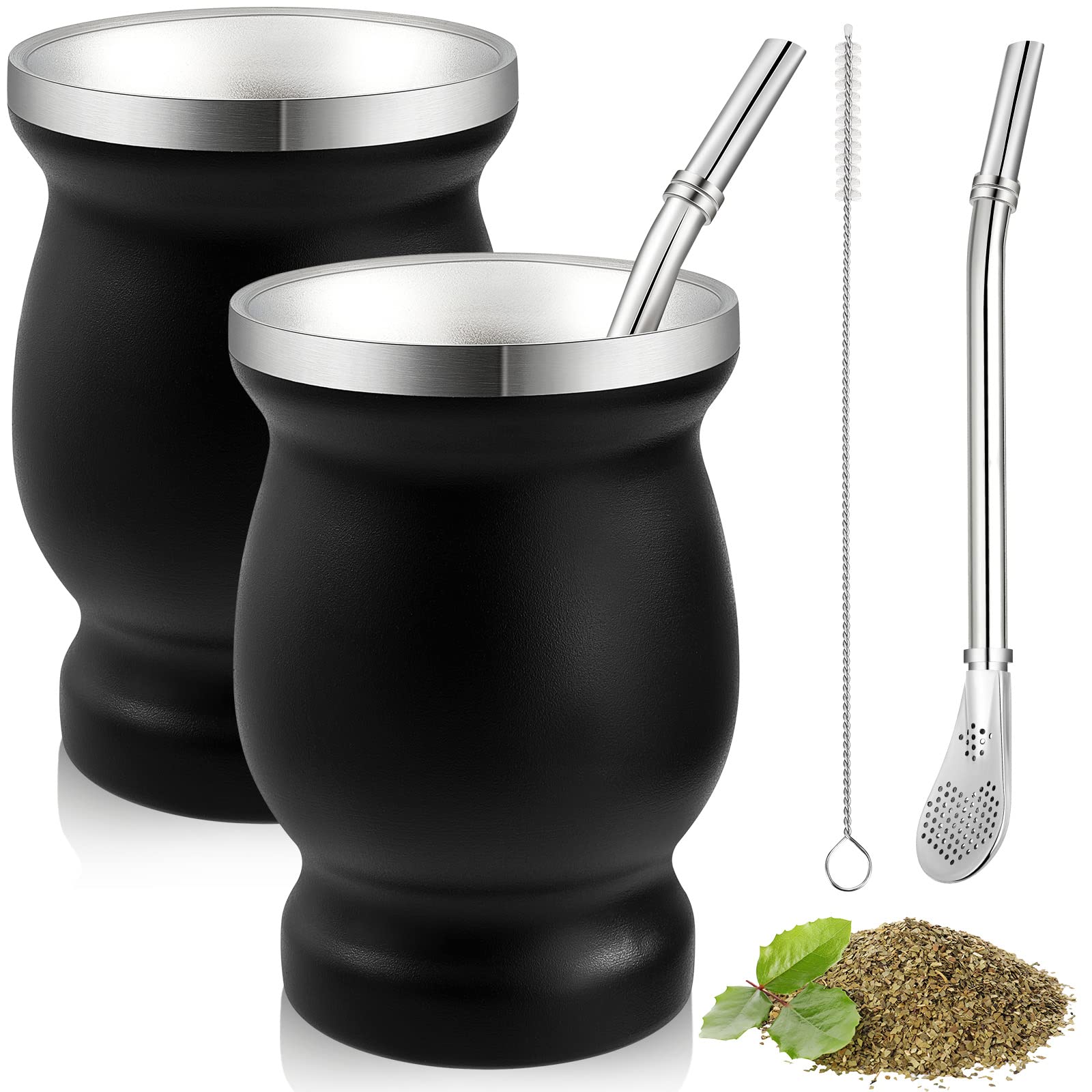 Mumufy 2 Pcs Yerba Mate Cup Stainless Steel Mate Cup and Bombilla Set Double Wall Mate Tea Cup with Cleaning Brush, Black, 8 Oz, Easy to Clean