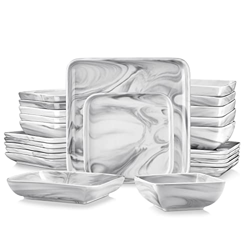 MALACASA Plates and Bowls Sets, 24-Piece Porcelain Dinnerware Sets for 6, Marble Grey Dish Set, Square Dinnerware Set with Dinner Plates and Bowls, Series IVY