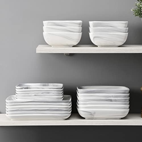 MALACASA Plates and Bowls Sets, 24-Piece Porcelain Dinnerware Sets for 6, Marble Grey Dish Set, Square Dinnerware Set with Dinner Plates and Bowls, Series IVY