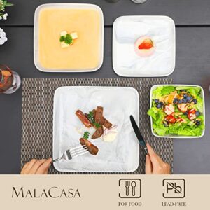 MALACASA Plates and Bowls Sets, 24-Piece Porcelain Dinnerware Sets for 6, Marble Grey Dish Set, Square Dinnerware Set with Dinner Plates and Bowls, Series IVY