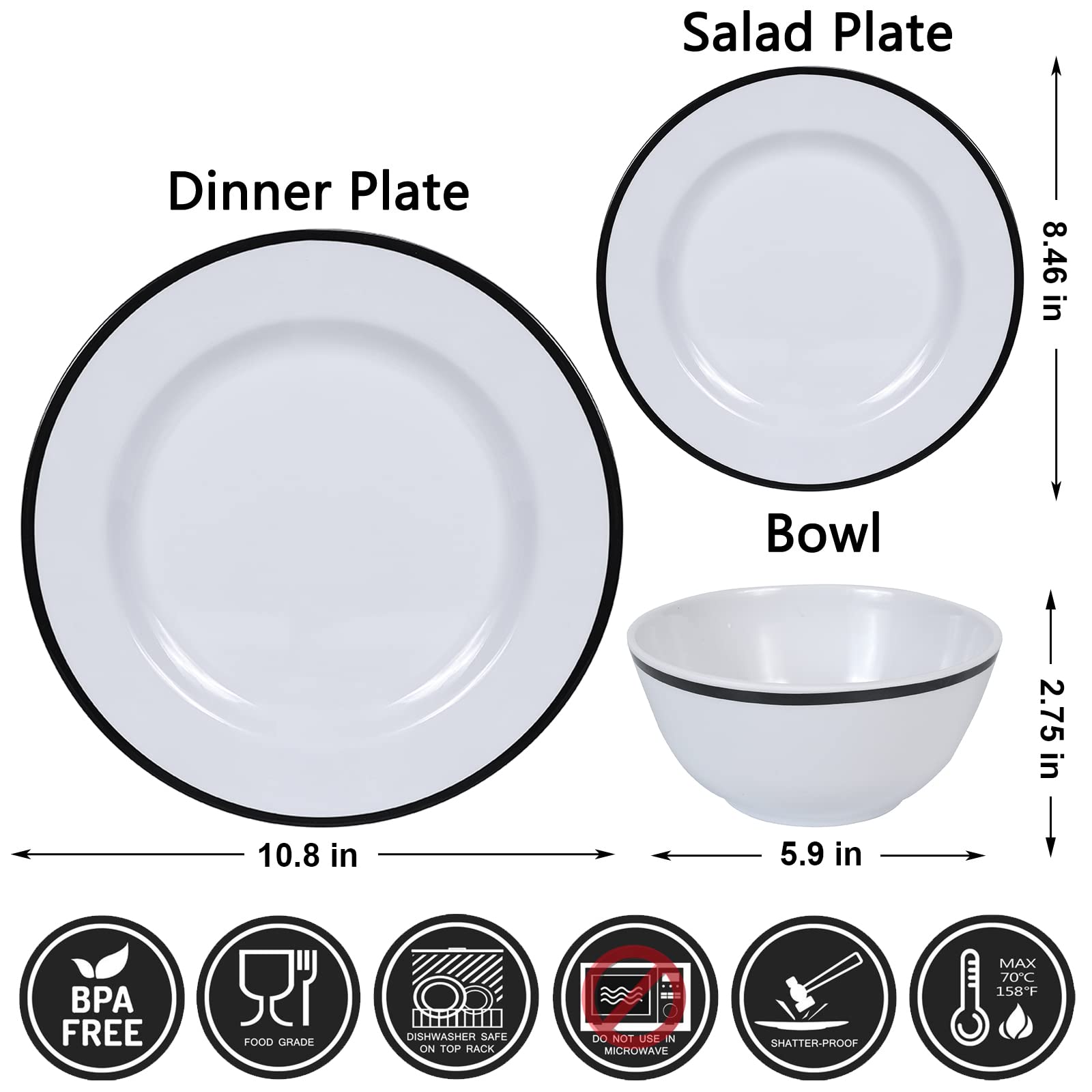 Dishwasher Safe Melamine Dinnerware Sets- 12Pcs Plates And Bowls Sets For Casual Dining Indoor And Outdoor Dining Party Camping, BPA-Free&Unbreakable Tableware Sets Service for 4