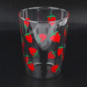 Ichiias Glass Cup Heat-Resisting Clear Strawberry Pattern Coffee Juice Drinking Water Mug with Straw Lid