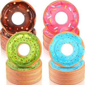 huwena 200 pcs donut paper plates 7'' disposable donut party plates colorful cute donut serving trays donut snack platter for donut theme birthday assorted donut designs party supplies