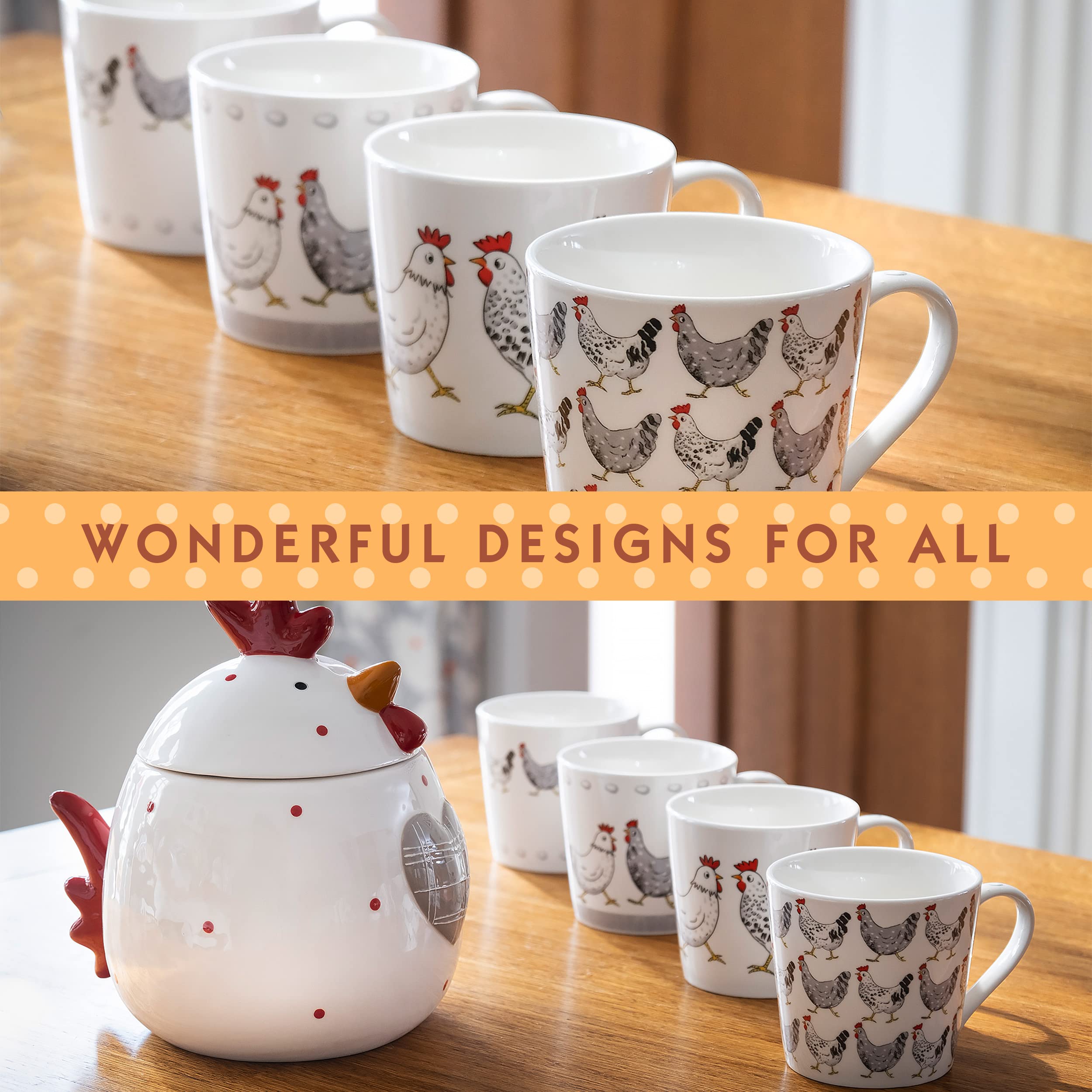 SPOTTED DOG GIFT COMPANY Chicken Coffee Mug Set of 4, Tea Mugs Cups 13oz Ceramic Porcelain China, Chicken Gifts for Chicken Lovers Women Men