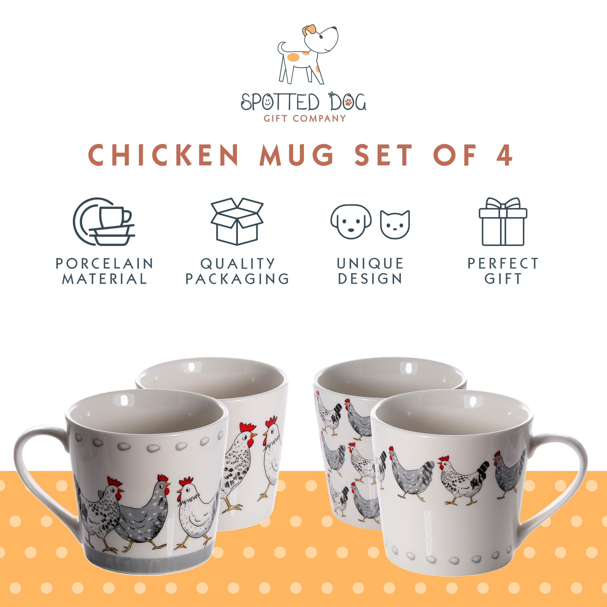 SPOTTED DOG GIFT COMPANY Chicken Coffee Mug Set of 4, Tea Mugs Cups 13oz Ceramic Porcelain China, Chicken Gifts for Chicken Lovers Women Men