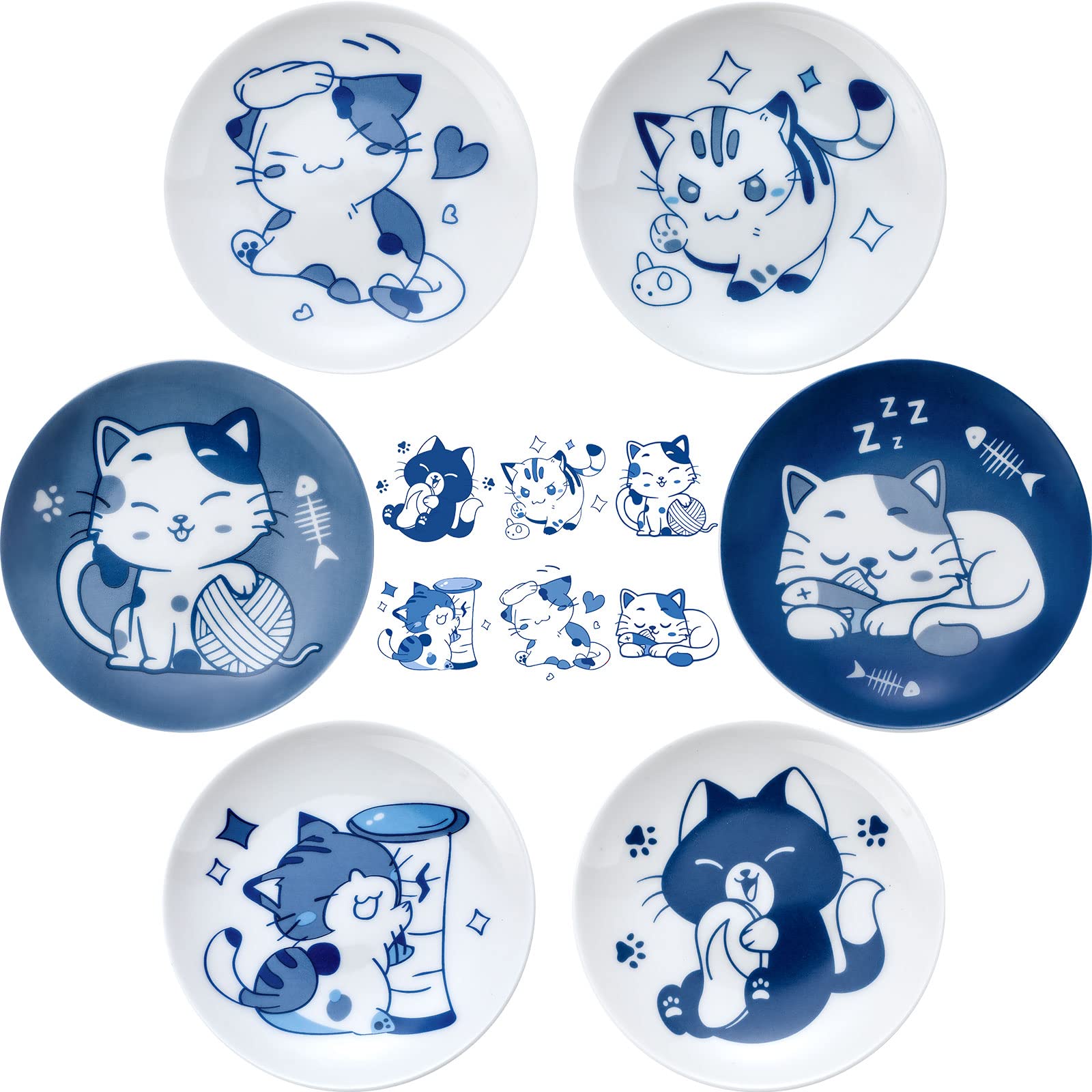 6 Pieces Soy Sauce Dish Japanese Small Cat Plates Set Ceramic Cute Cats Design Appetizer Dessert Sushi Salad Small Plate 3.94 x 0.8 Inches