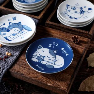 6 Pieces Soy Sauce Dish Japanese Small Cat Plates Set Ceramic Cute Cats Design Appetizer Dessert Sushi Salad Small Plate 3.94 x 0.8 Inches