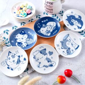 6 Pieces Soy Sauce Dish Japanese Small Cat Plates Set Ceramic Cute Cats Design Appetizer Dessert Sushi Salad Small Plate 3.94 x 0.8 Inches