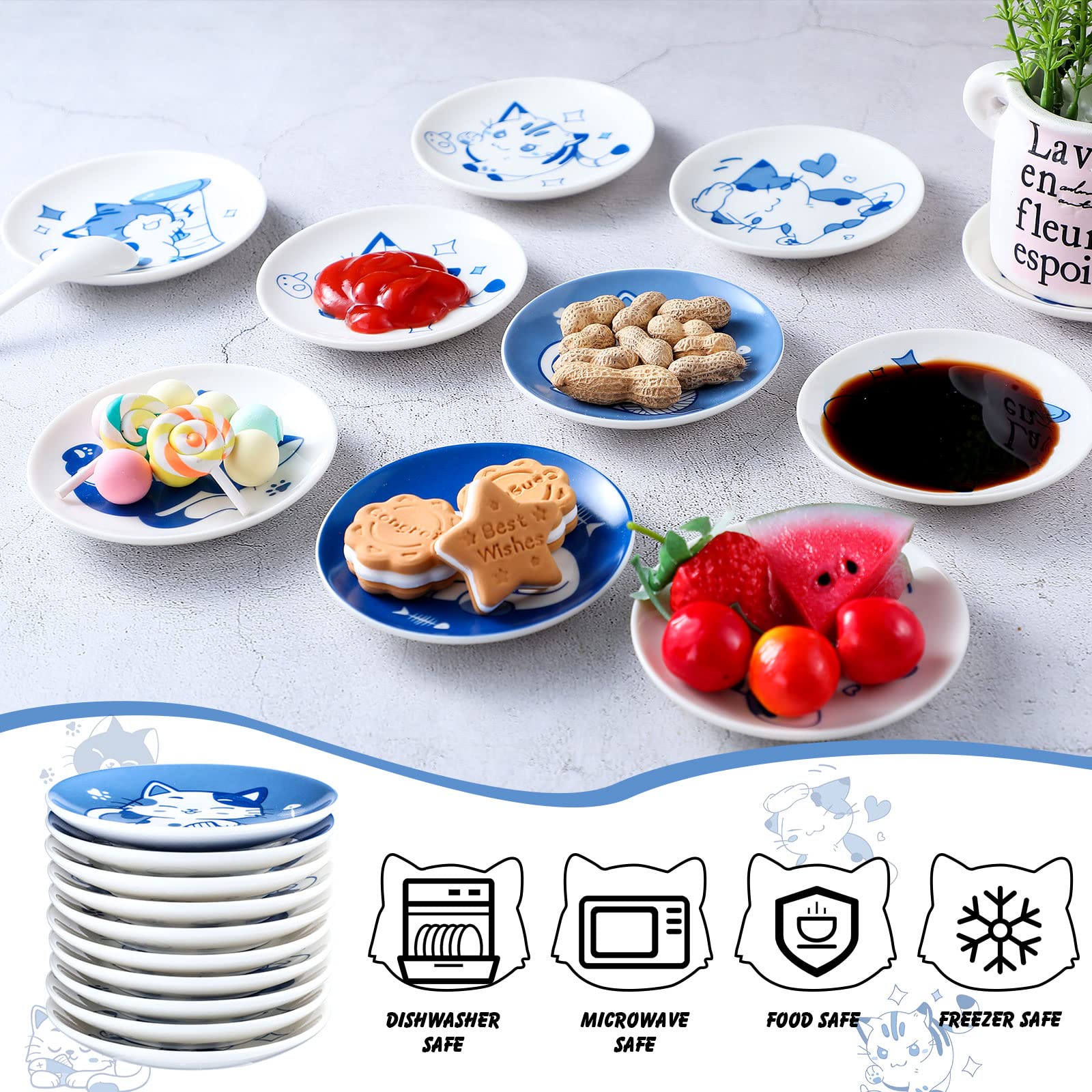 6 Pieces Soy Sauce Dish Japanese Small Cat Plates Set Ceramic Cute Cats Design Appetizer Dessert Sushi Salad Small Plate 3.94 x 0.8 Inches