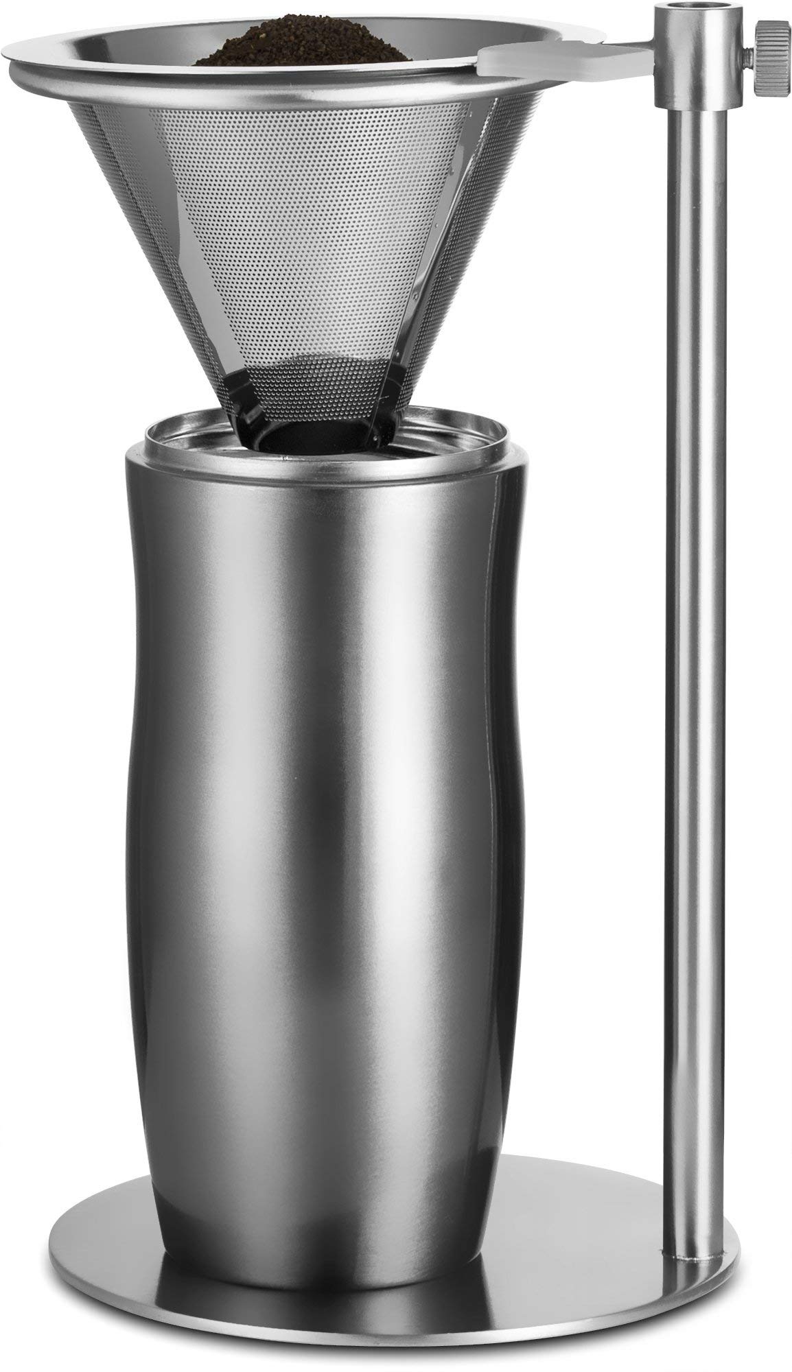 Gourmia GVD9320 Pour Over Stand Coffee Station - Freestanding Drip Coffee Stand with Reusable Stainless Steel Cone Filter - Make Coffee Directly into Mug, Cup or Thermos - Stainless Steel