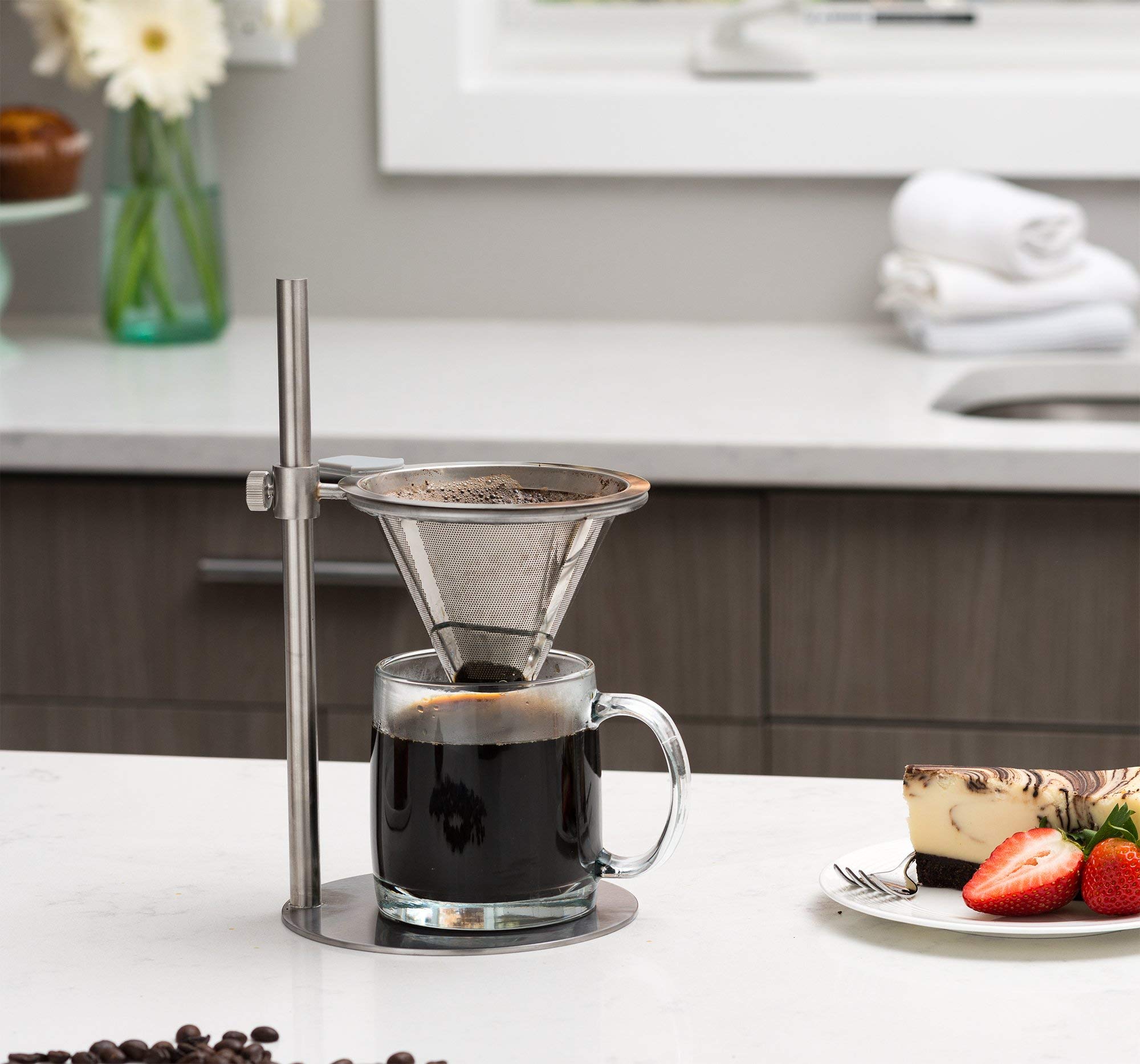 Gourmia GVD9320 Pour Over Stand Coffee Station - Freestanding Drip Coffee Stand with Reusable Stainless Steel Cone Filter - Make Coffee Directly into Mug, Cup or Thermos - Stainless Steel