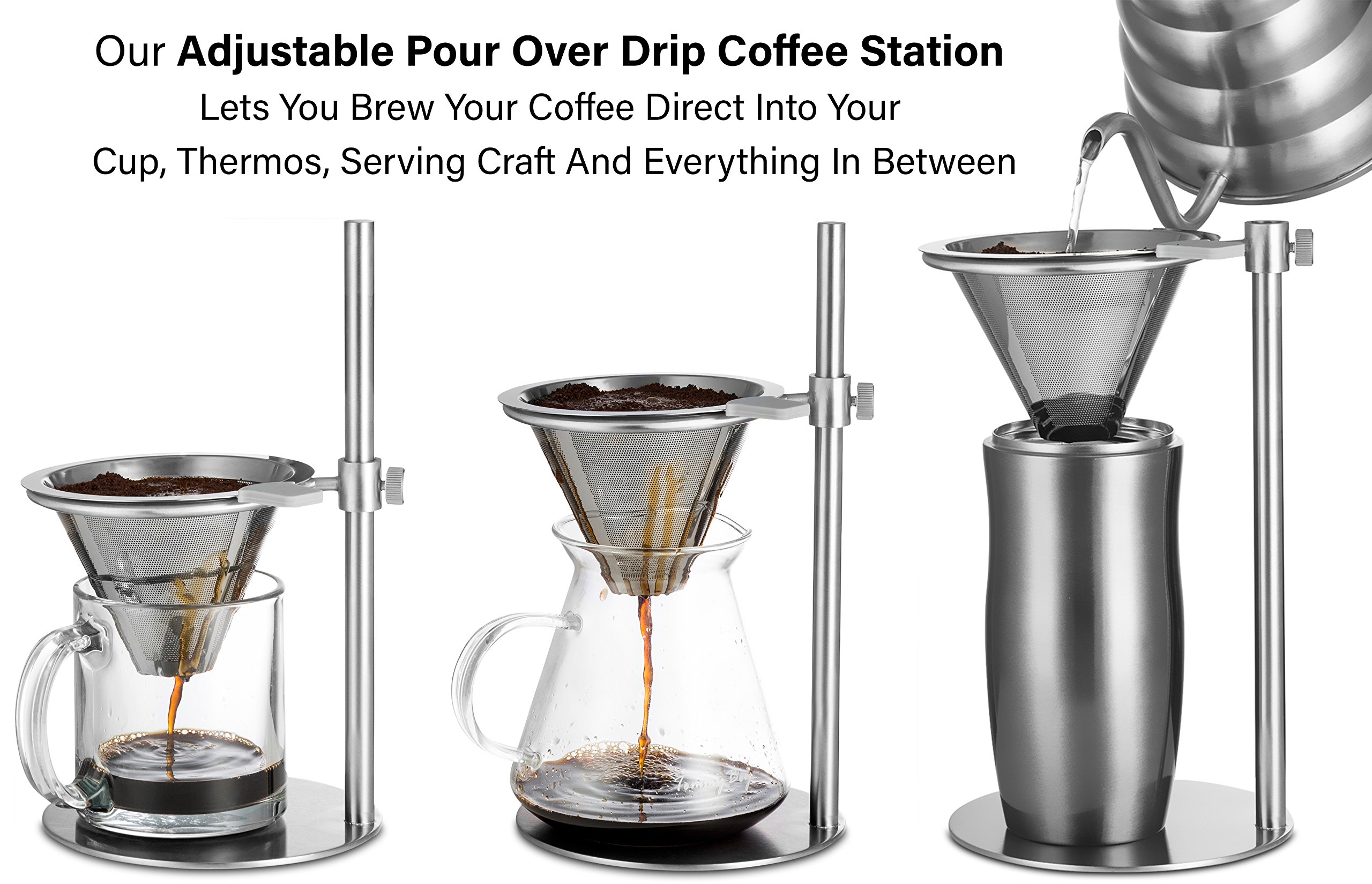 Gourmia GVD9320 Pour Over Stand Coffee Station - Freestanding Drip Coffee Stand with Reusable Stainless Steel Cone Filter - Make Coffee Directly into Mug, Cup or Thermos - Stainless Steel