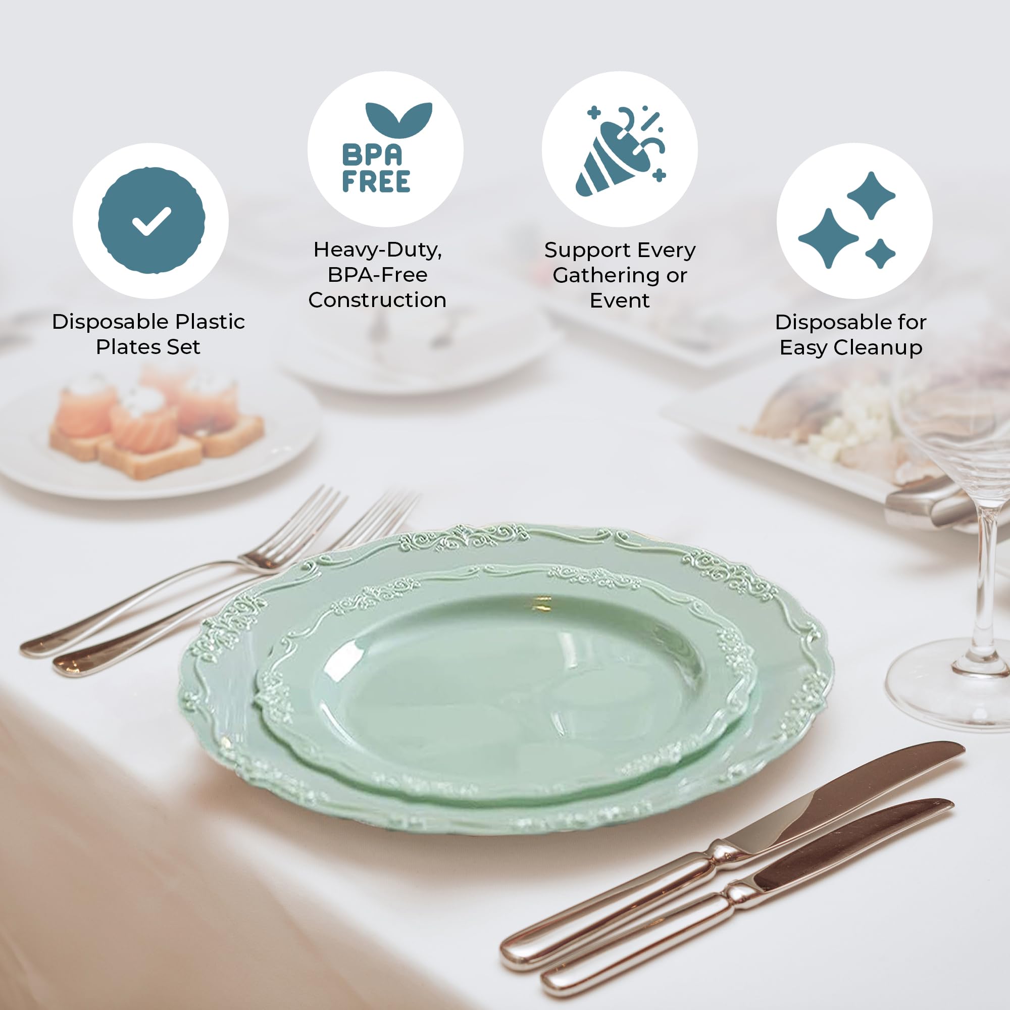 Posh Setting Disposable Plastic Plates Set, Vintage Party Plates, Light Green/Sage 60 Pack (30 Guest) 30 x 10.25 Dinner & 30 x 7.25 Salad/Dessert Plate