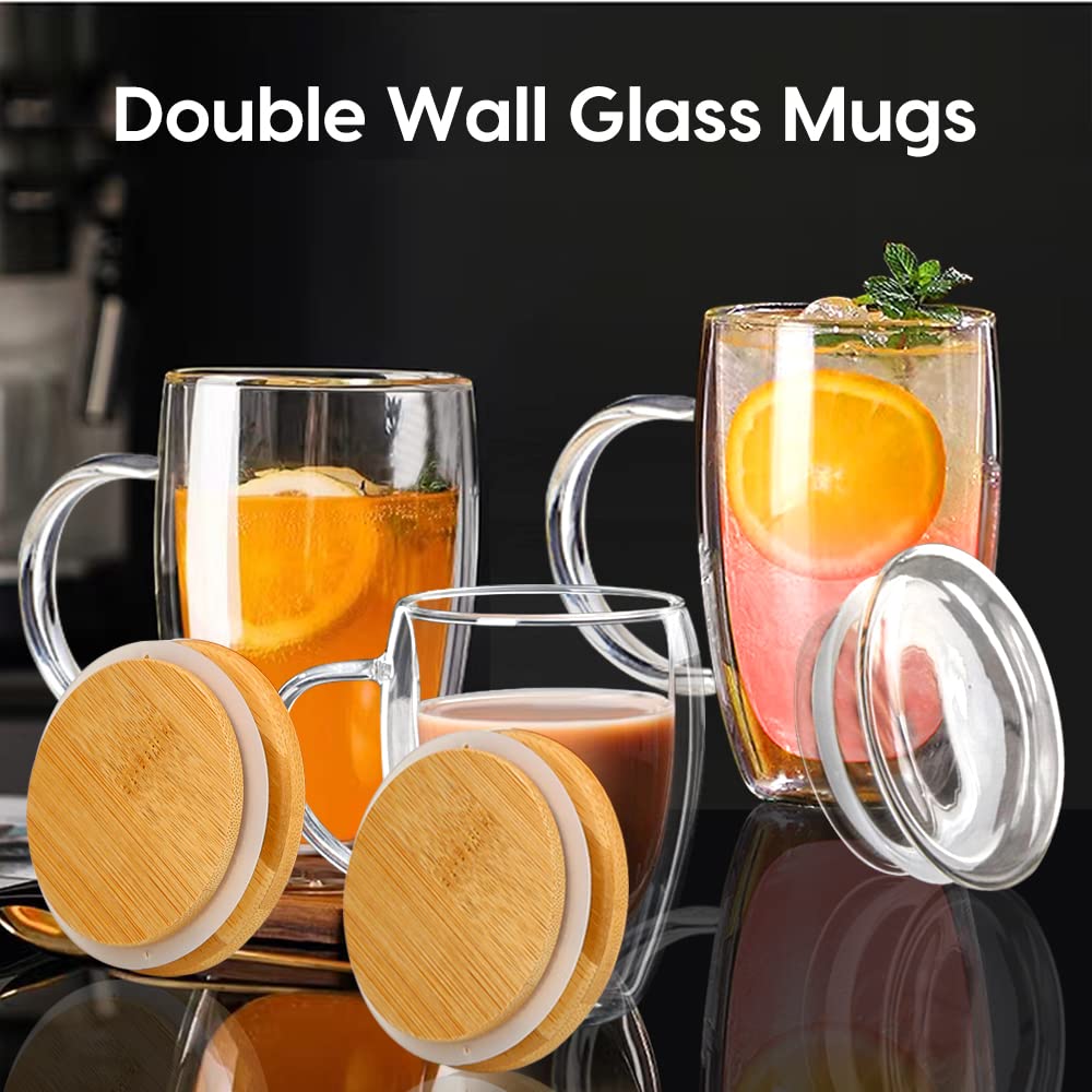 15 Oz Double Walled Glass Coffee Mugs, 2 Packs Clear Coffee Mugs with Lids Insulated Coffee Cups with Handle Perfect for Cappuccino,Tea,milk ,Espresso,Latte, Hot Beverage Set of 2 (Glass lid, 15oz)