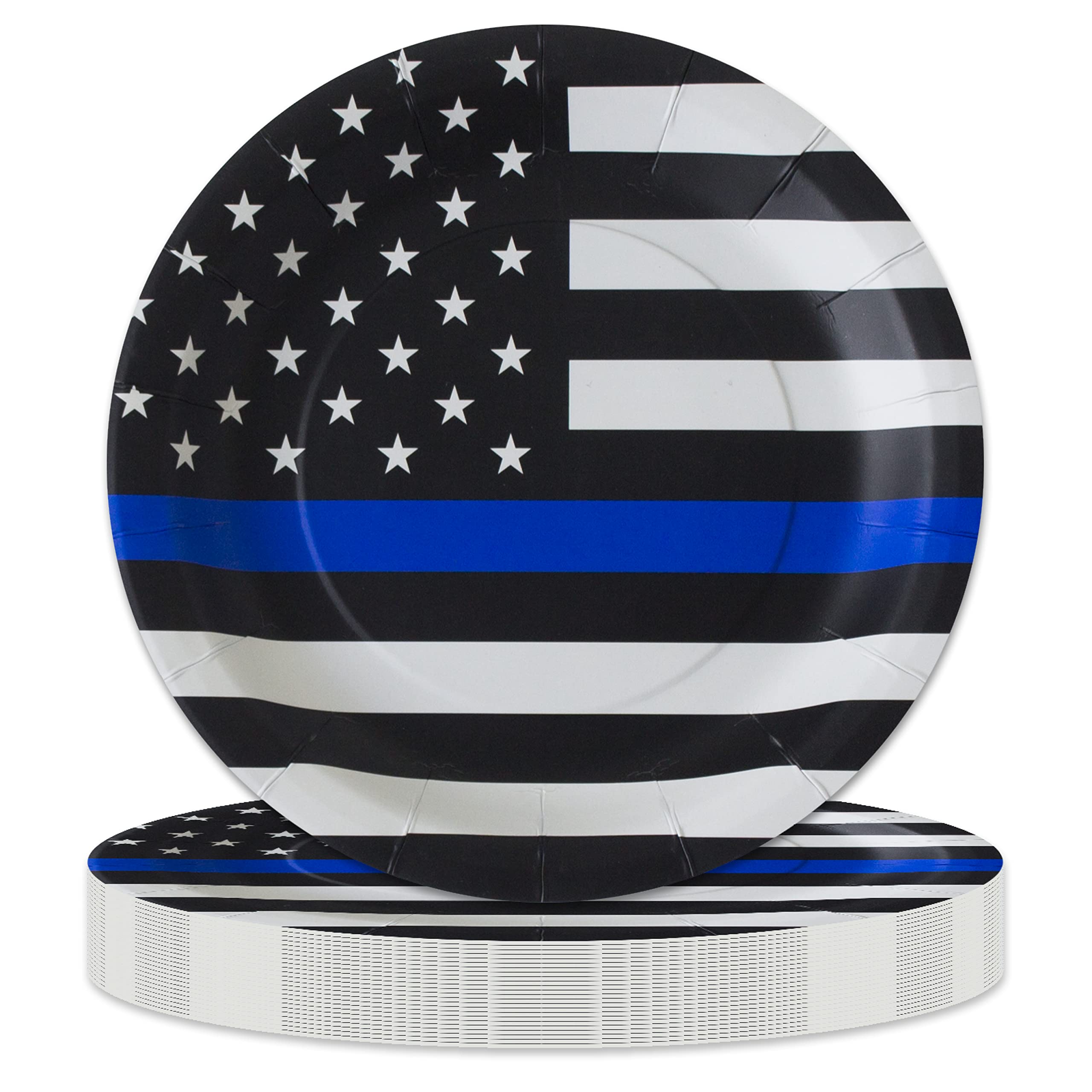 Havercamp Police-Thin Blue Line Lg. 9” Plates (24 Pcs.) in the Official Thin Blue Line Flag Pattern. 24 paper dinner plates