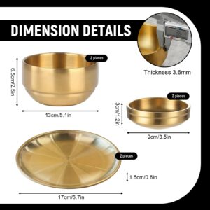 6 Piece Shatterproof Cutlery Set, 6.7 Inch Double Padded Dinner Plate, 5.1 Inch Gold Soup Bowl,3.5 Inch Sauce Dish,Plate and Bowl Set, Stainless Steel Plate Set for Home Kitchen Outdoor Camping (Gold)