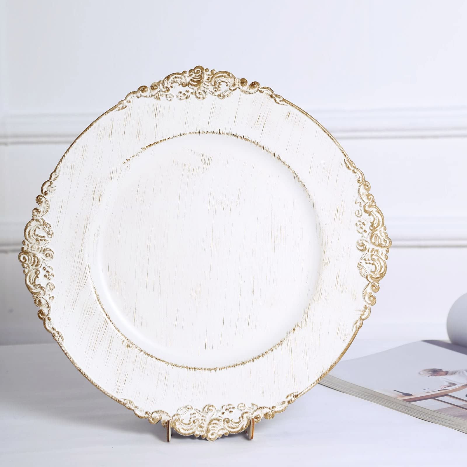 Efavormart 6 Pack White 13" Round Baroque Charger Plates Leaf Embossed Antique Gold Rim for Tabletop Decor Catering Event