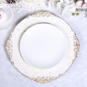 Efavormart 6 Pack White 13" Round Baroque Charger Plates Leaf Embossed Antique Gold Rim for Tabletop Decor Catering Event