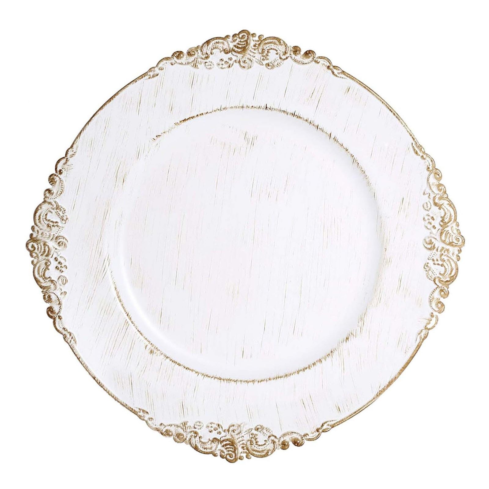 Efavormart 6 Pack White 13" Round Baroque Charger Plates Leaf Embossed Antique Gold Rim for Tabletop Decor Catering Event