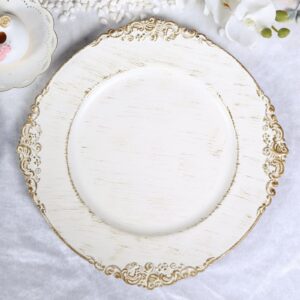 Efavormart 6 Pack White 13" Round Baroque Charger Plates Leaf Embossed Antique Gold Rim for Tabletop Decor Catering Event