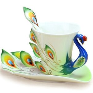 vanki 1 pc collectable fine arts china porcelain tea cup and saucer coffee cup peacock theme romantic creative present,green