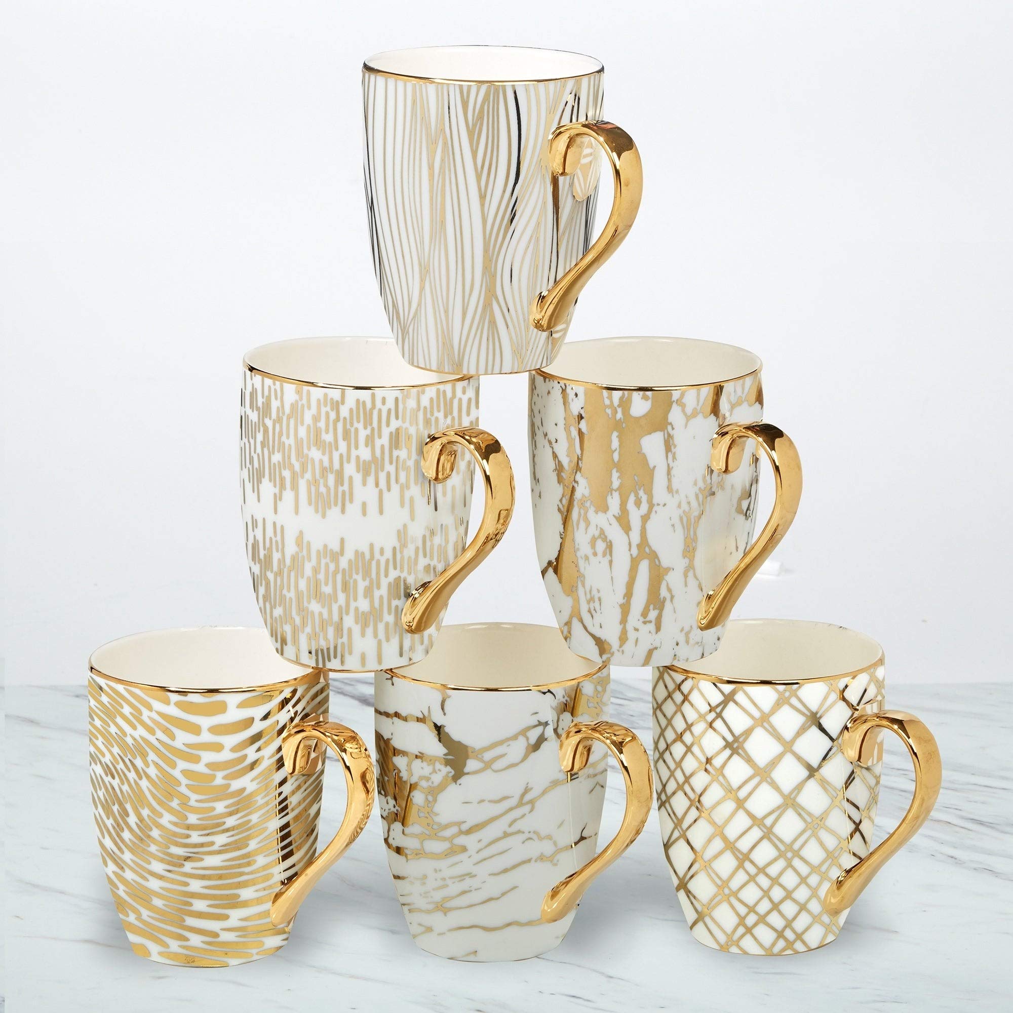 biikoosii Gold Plated Mugs Set of 6 White Geometric Modern Contemporary Transitional Round Ceramic Porcelain Piece