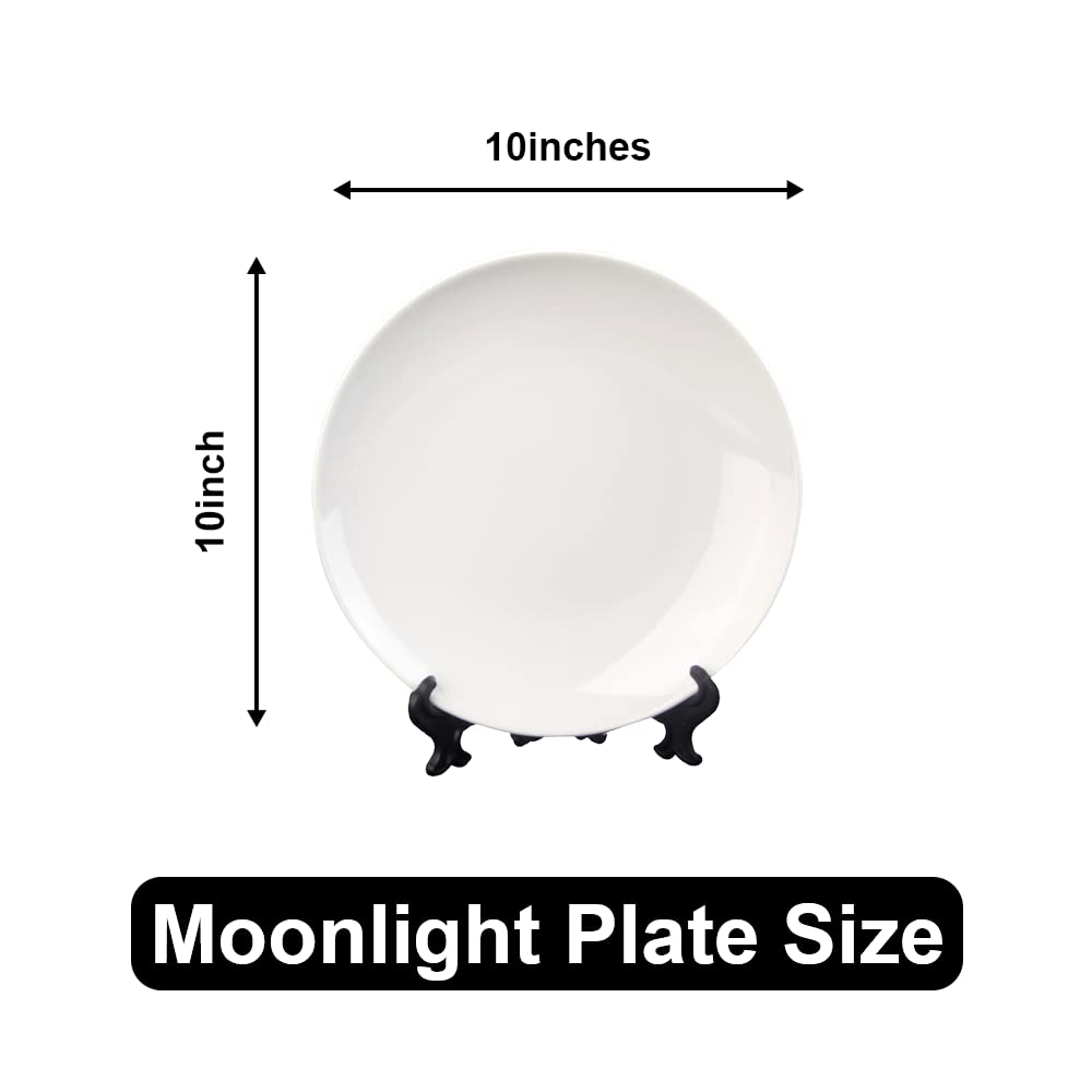 MR.R Set of 2 Sublimation Blanks White Ceramic Moon Plate with Stand,Porcelain Plates, 10 inch Round Dessert or Salad Plate, Lead-Free, Safe in Microwave, Oven, and Freezer