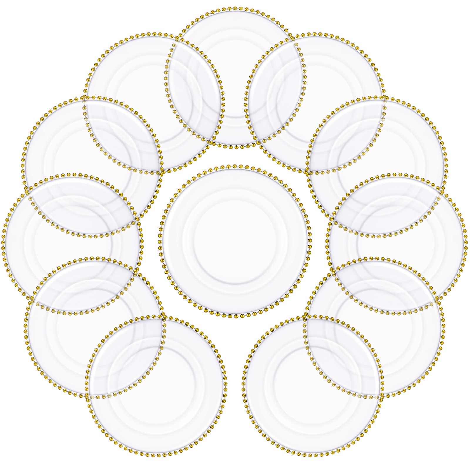 13 Inch Clear Plastic Round Charger Plates Table Dinner Charger Plates Clear Round Plates with Beaded Rim for Birthday Party Wedding Events Bridal Shower Dinner Decoration (Gold Bead, 12 Pack)