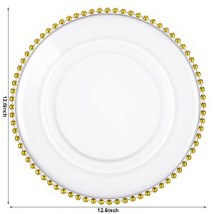 13 Inch Clear Plastic Round Charger Plates Table Dinner Charger Plates Clear Round Plates with Beaded Rim for Birthday Party Wedding Events Bridal Shower Dinner Decoration (Gold Bead, 12 Pack)