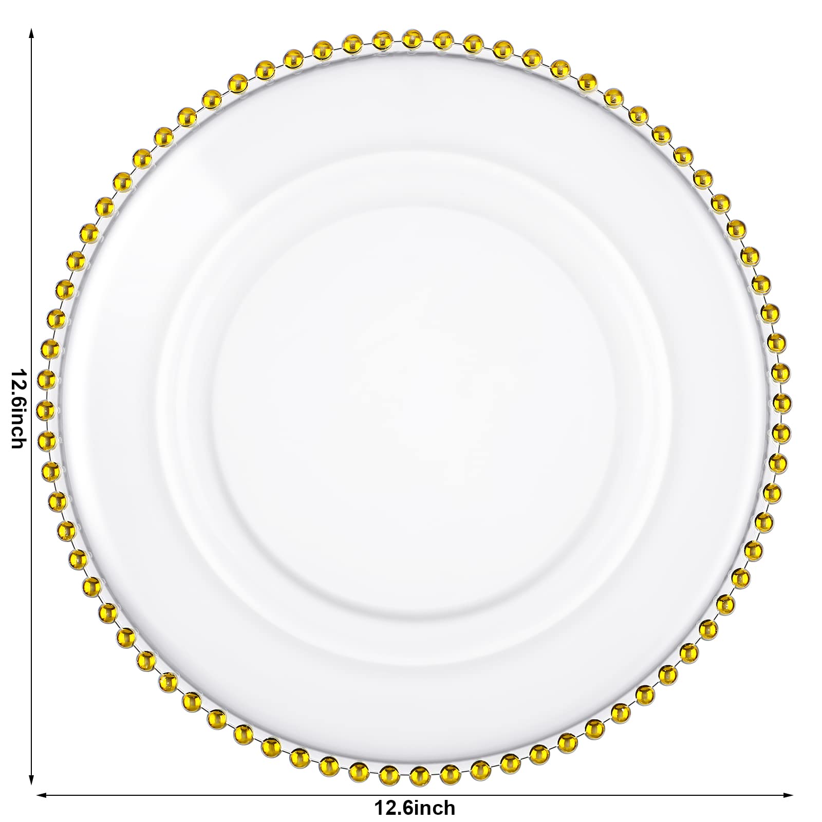 13 Inch Clear Plastic Round Charger Plates Table Dinner Charger Plates Clear Round Plates with Beaded Rim for Birthday Party Wedding Events Bridal Shower Dinner Decoration (Gold Bead, 12 Pack)