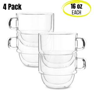 BTaT- Stackable Insulated Coffee Mugs, 4 Pack 16 oz(500 ml), Ideal for Hot and Cold Drinks, Stackable Cappuccino Cups, Double Wall Glass Coffee Cups, Tea Cups, Latte Cups, Beer Glasses, Latte Mug