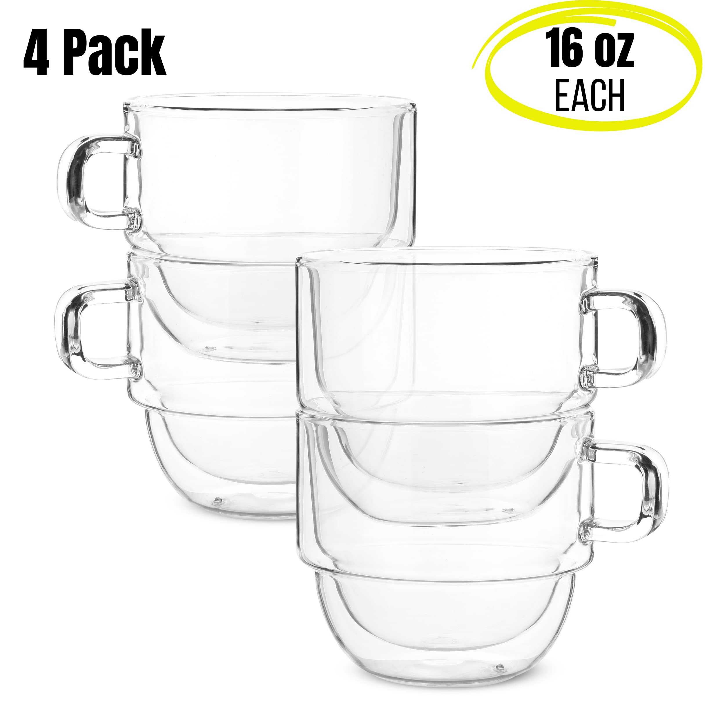 BTaT- Stackable Insulated Coffee Mugs, 4 Pack 16 oz(500 ml), Ideal for Hot and Cold Drinks, Stackable Cappuccino Cups, Double Wall Glass Coffee Cups, Tea Cups, Latte Cups, Beer Glasses, Latte Mug