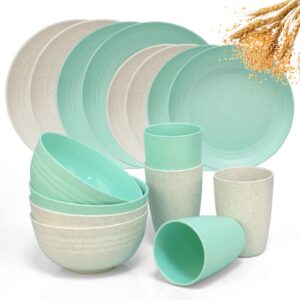 wheat straw dinnerware sets for 4, osonm 16pcs lightweight unbreakable plastic plate bowl cup set, dishwasher microwave safe dishes set for camping, rv, picnic, kitchen, dorm, great for kids & adults