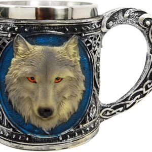 Ebros Gift Alpha Gray Wolf Celtic Tribal Magic Resin 16oz Mug With Stainless Steel Rim Figurine For Coffee Tea Cereal Drinks Halloween Party Hosting Kitchen Dining Decor Of Wolves Timberwolf Direwolf