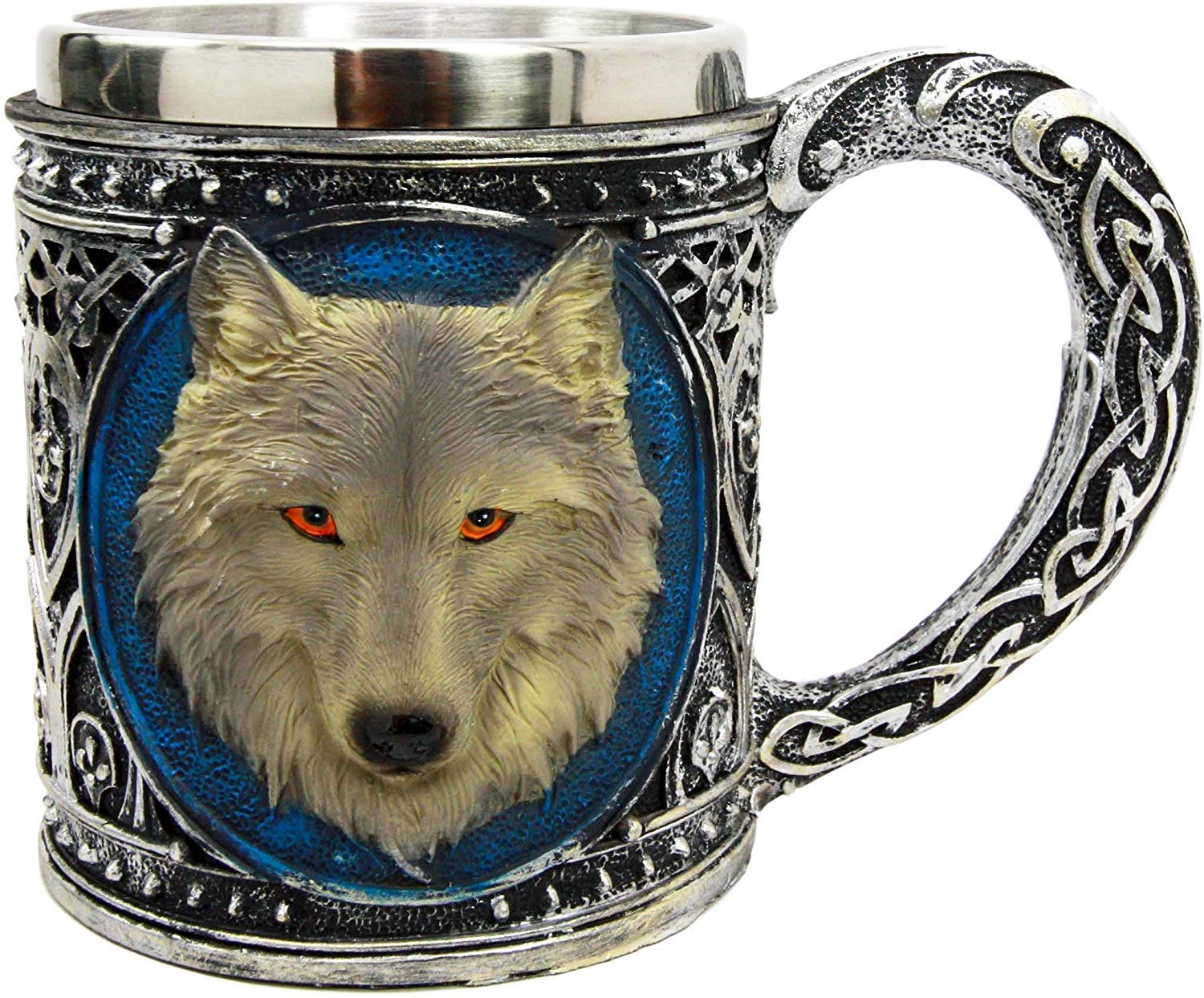 Ebros Gift Alpha Gray Wolf Celtic Tribal Magic Resin 16oz Mug With Stainless Steel Rim Figurine For Coffee Tea Cereal Drinks Halloween Party Hosting Kitchen Dining Decor Of Wolves Timberwolf Direwolf