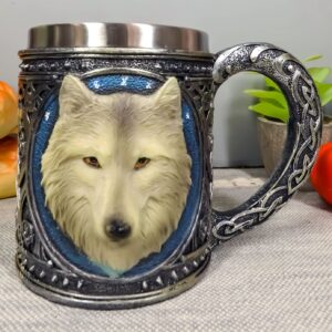 Ebros Gift Alpha Gray Wolf Celtic Tribal Magic Resin 16oz Mug With Stainless Steel Rim Figurine For Coffee Tea Cereal Drinks Halloween Party Hosting Kitchen Dining Decor Of Wolves Timberwolf Direwolf