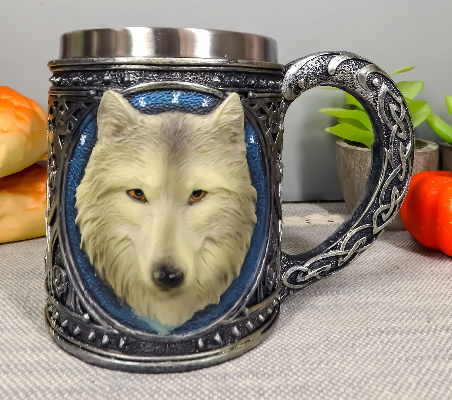 Ebros Gift Alpha Gray Wolf Celtic Tribal Magic Resin 16oz Mug With Stainless Steel Rim Figurine For Coffee Tea Cereal Drinks Halloween Party Hosting Kitchen Dining Decor Of Wolves Timberwolf Direwolf