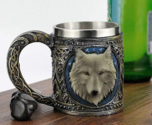 Ebros Gift Alpha Gray Wolf Celtic Tribal Magic Resin 16oz Mug With Stainless Steel Rim Figurine For Coffee Tea Cereal Drinks Halloween Party Hosting Kitchen Dining Decor Of Wolves Timberwolf Direwolf