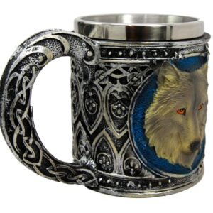 Ebros Gift Alpha Gray Wolf Celtic Tribal Magic Resin 16oz Mug With Stainless Steel Rim Figurine For Coffee Tea Cereal Drinks Halloween Party Hosting Kitchen Dining Decor Of Wolves Timberwolf Direwolf