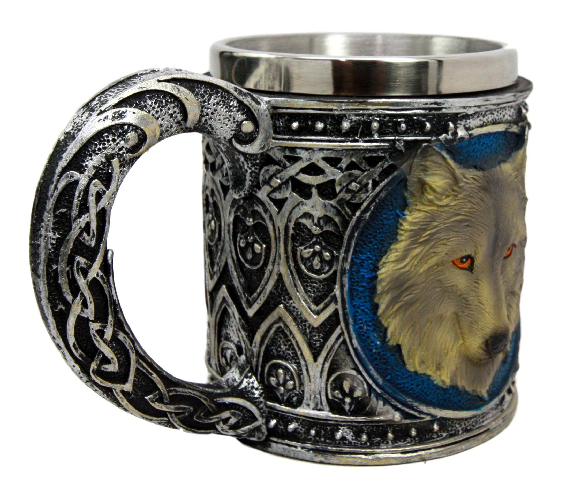 Ebros Gift Alpha Gray Wolf Celtic Tribal Magic Resin 16oz Mug With Stainless Steel Rim Figurine For Coffee Tea Cereal Drinks Halloween Party Hosting Kitchen Dining Decor Of Wolves Timberwolf Direwolf