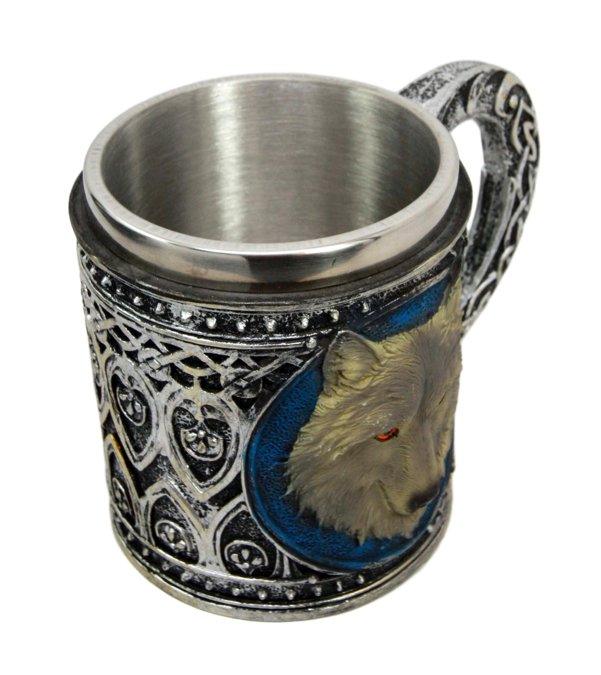 Ebros Gift Alpha Gray Wolf Celtic Tribal Magic Resin 16oz Mug With Stainless Steel Rim Figurine For Coffee Tea Cereal Drinks Halloween Party Hosting Kitchen Dining Decor Of Wolves Timberwolf Direwolf