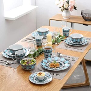 VEWEET, Series Audrie, Porcelain Dinnerware Sets with Patterned Floral, 16 PCS Plates and Bowls Sets for 4, Including Dinner Plates, Dessert Plates, Cereal Bowls and Mug, Microwave & Dishwasher Safe