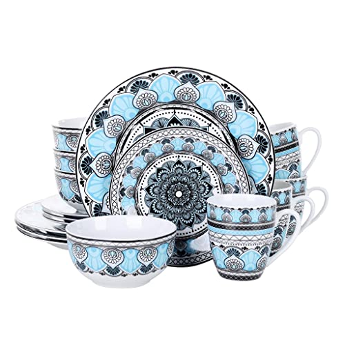 VEWEET, Series Audrie, Porcelain Dinnerware Sets with Patterned Floral, 16 PCS Plates and Bowls Sets for 4, Including Dinner Plates, Dessert Plates, Cereal Bowls and Mug, Microwave & Dishwasher Safe